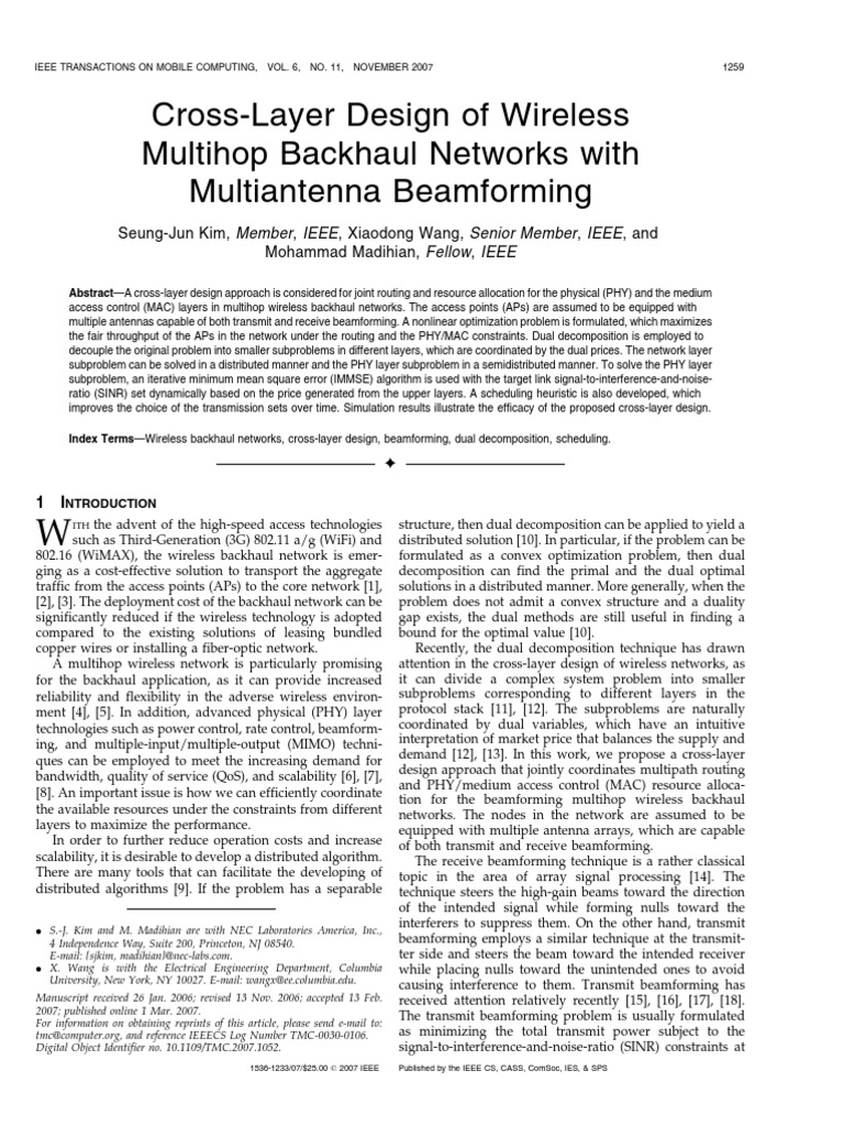 Cross-Layer Design of Wireless Multihop Backhaul Networks With Multiantenna Beamforming ...