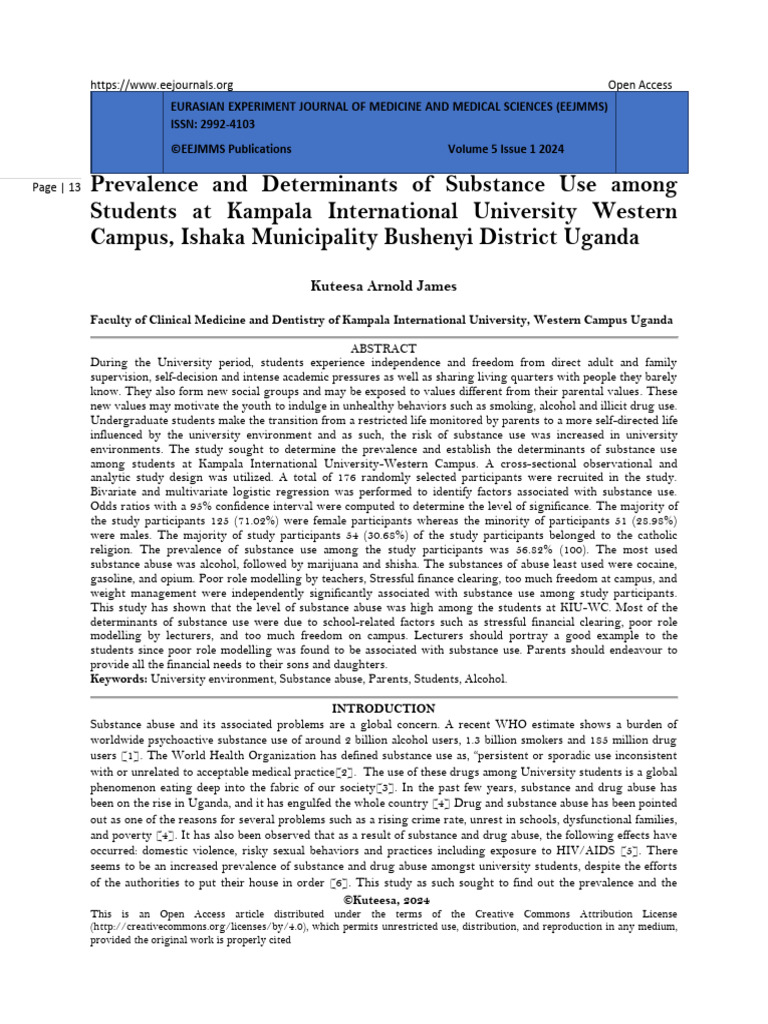 Prevalence and Determinants of Substance Use Among Students at Kampala ...