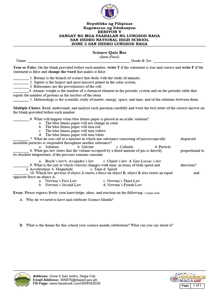Science Quiz Bee Semi-Final 2 | PDF | Gases | Matter