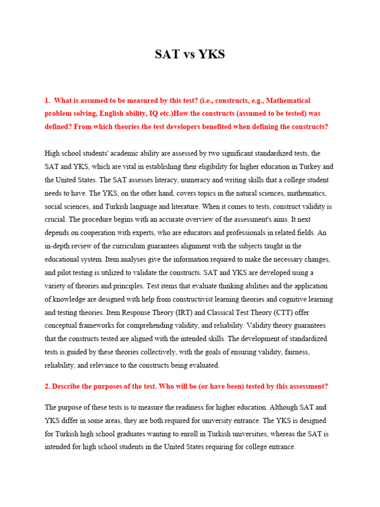 SAT Vs YKS | PDF | Sat | Educational Assessment