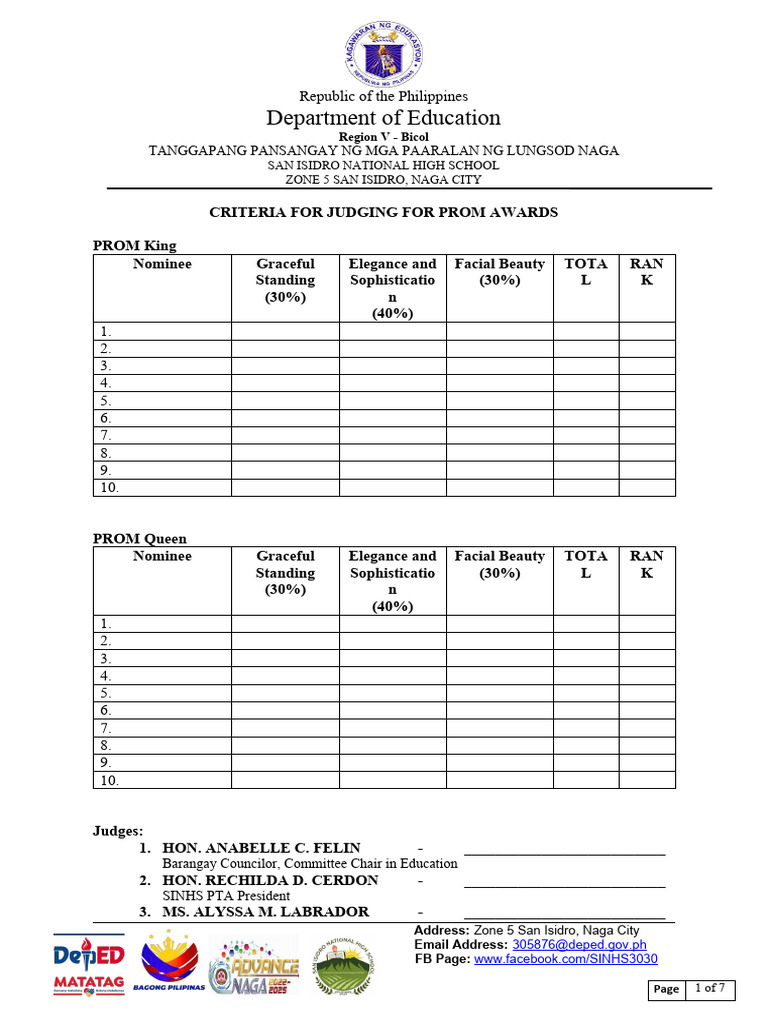 Criteria For Judging For Prom Awards | PDF