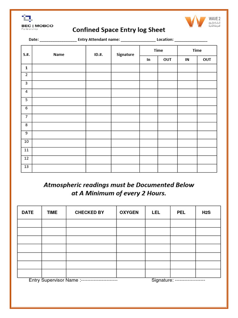Confined Space Entry Log Sheet | PDF | Technology & Engineering