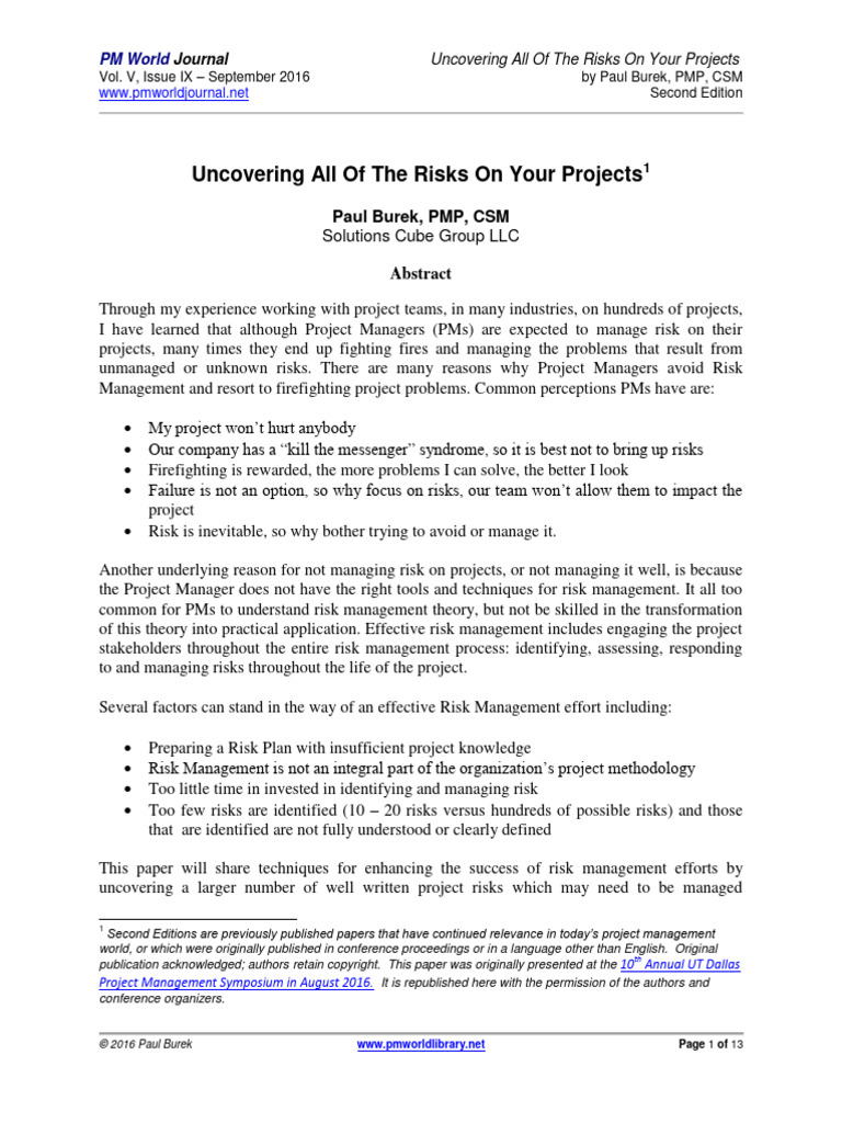 pmwj50 Sep2016 Burek Uncovering All of The Risks Second Edition | PDF ...