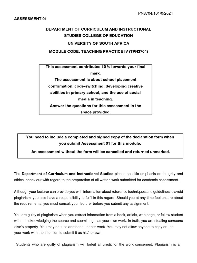 TPN3704 Assessment 01 2024 | PDF | Plagiarism | Learning