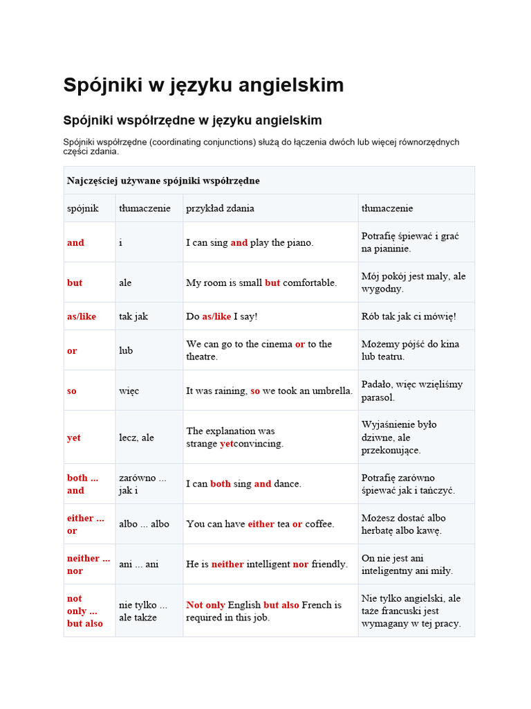 Spójniki Współrzędne W Języku Angielskim | PDF