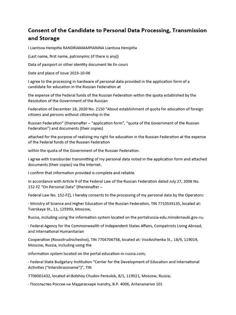 Consent of The Candidate To Personal Data Processing | PDF | Travel Visa | Data