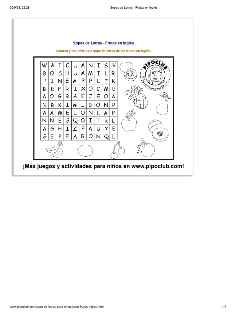 Sopas de Letras - Frutas en Inglés | PDF