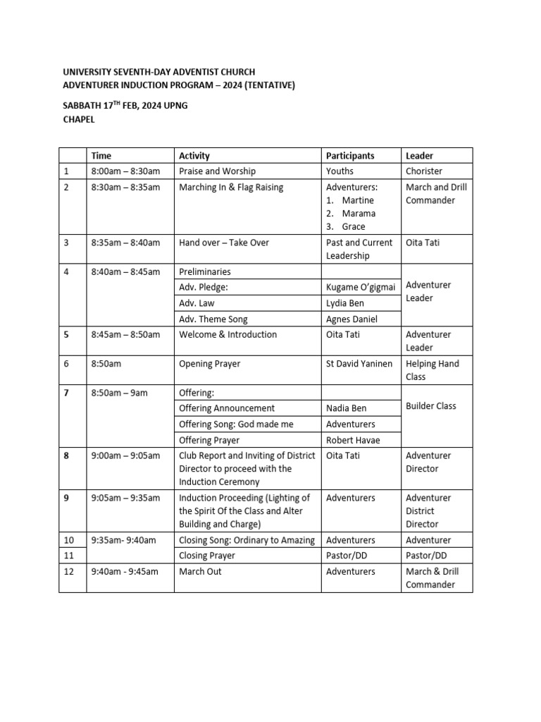 Adventurer Induction Program (Tentative)v2 | PDF | Protestant ...