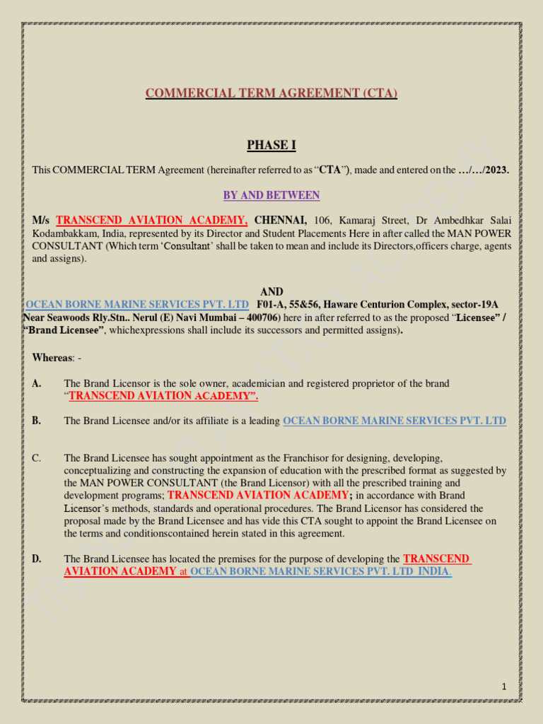 Commercial Term Agreement For Aviation | PDF | License | Fee