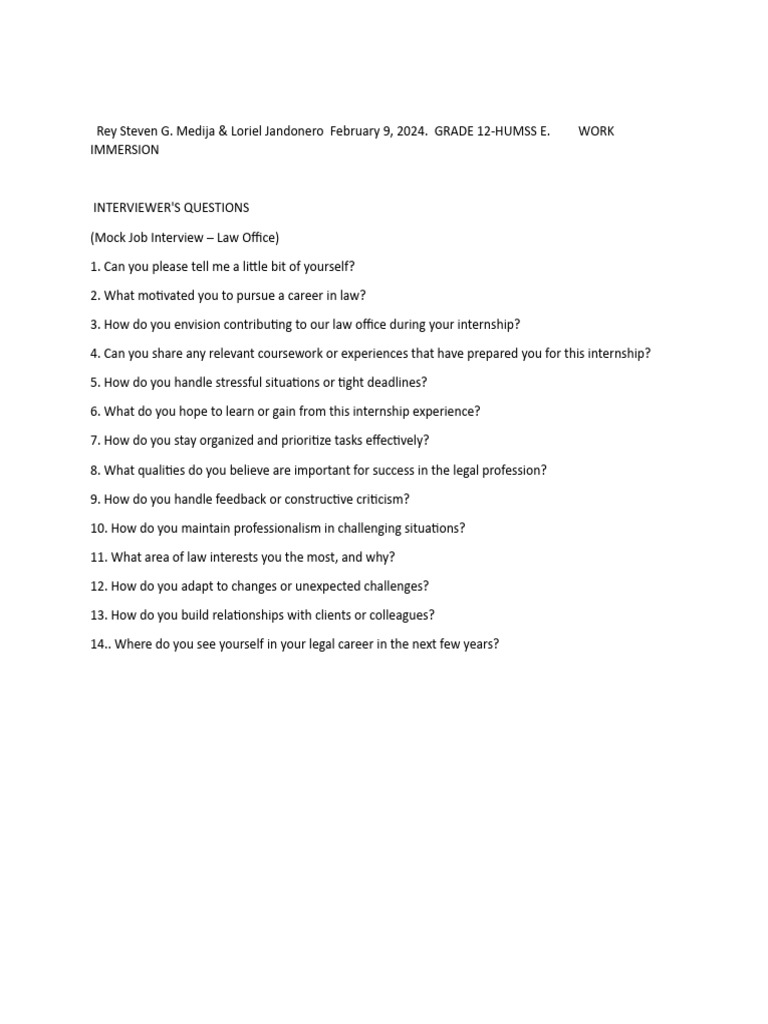 Work Immersion Interviews Questions | PDF | Finance & Money Management