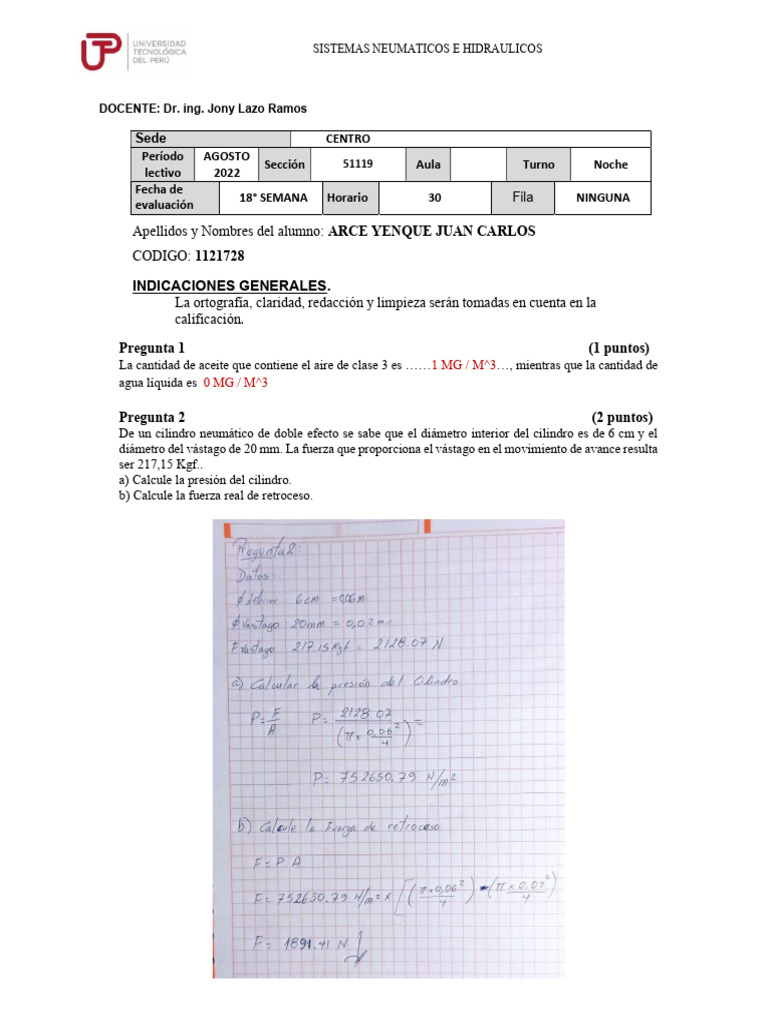 Examen Final Hidraulica - Juan Arce | PDF | Presión | Ingeniería mecánica