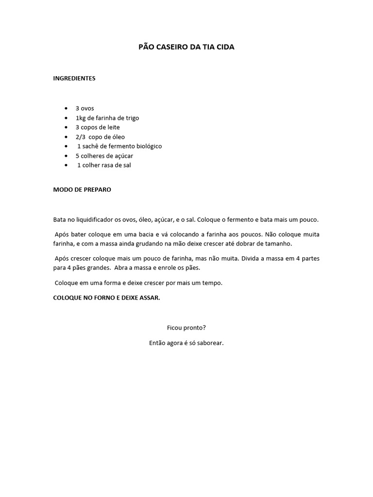 Pão Caseiro da Tia Cida: Receita Simples | PDF