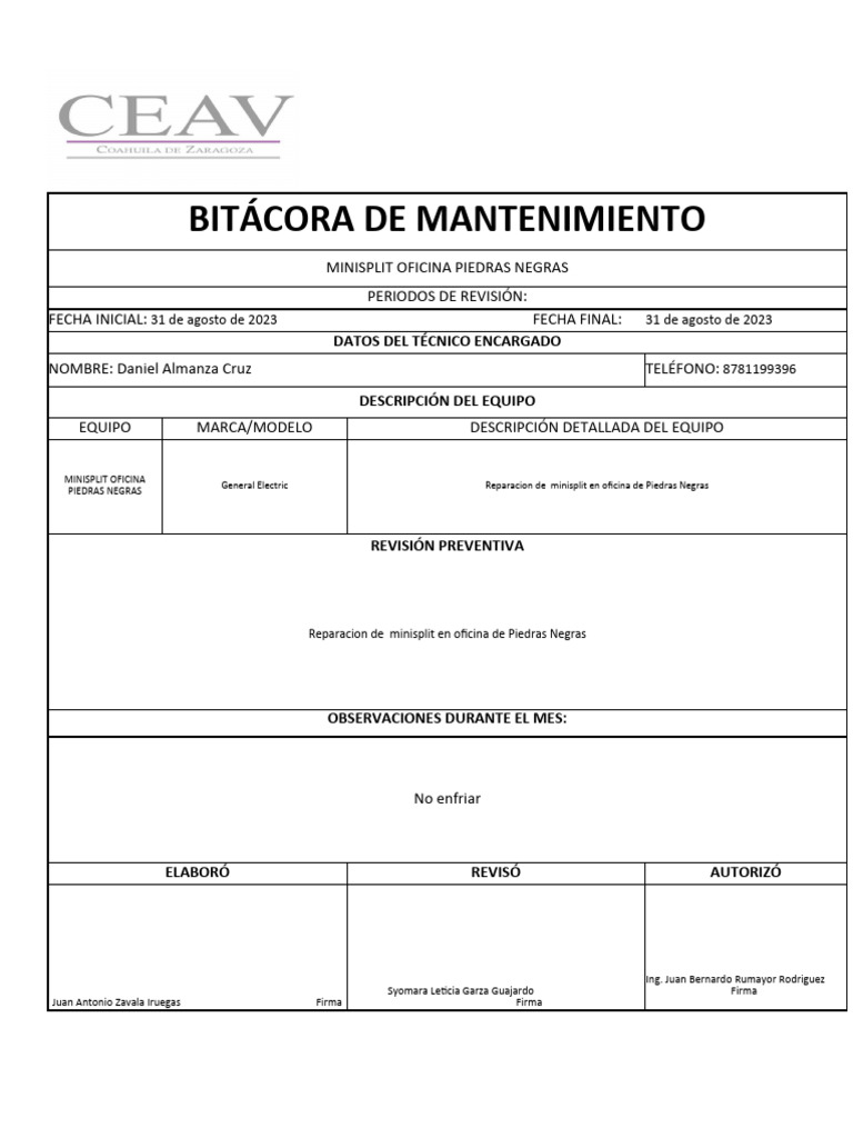 Bitacora de Mantenimiento Minisplit | PDF