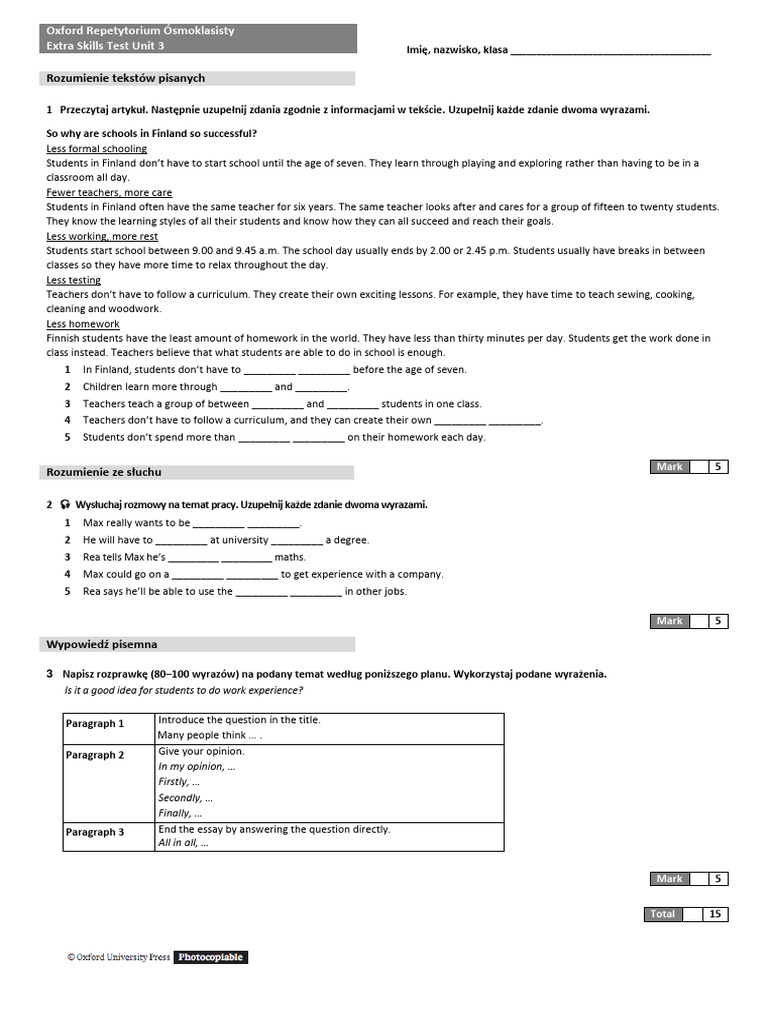 Unit 3 Extra Skills Test | PDF | Teachers | Curriculum