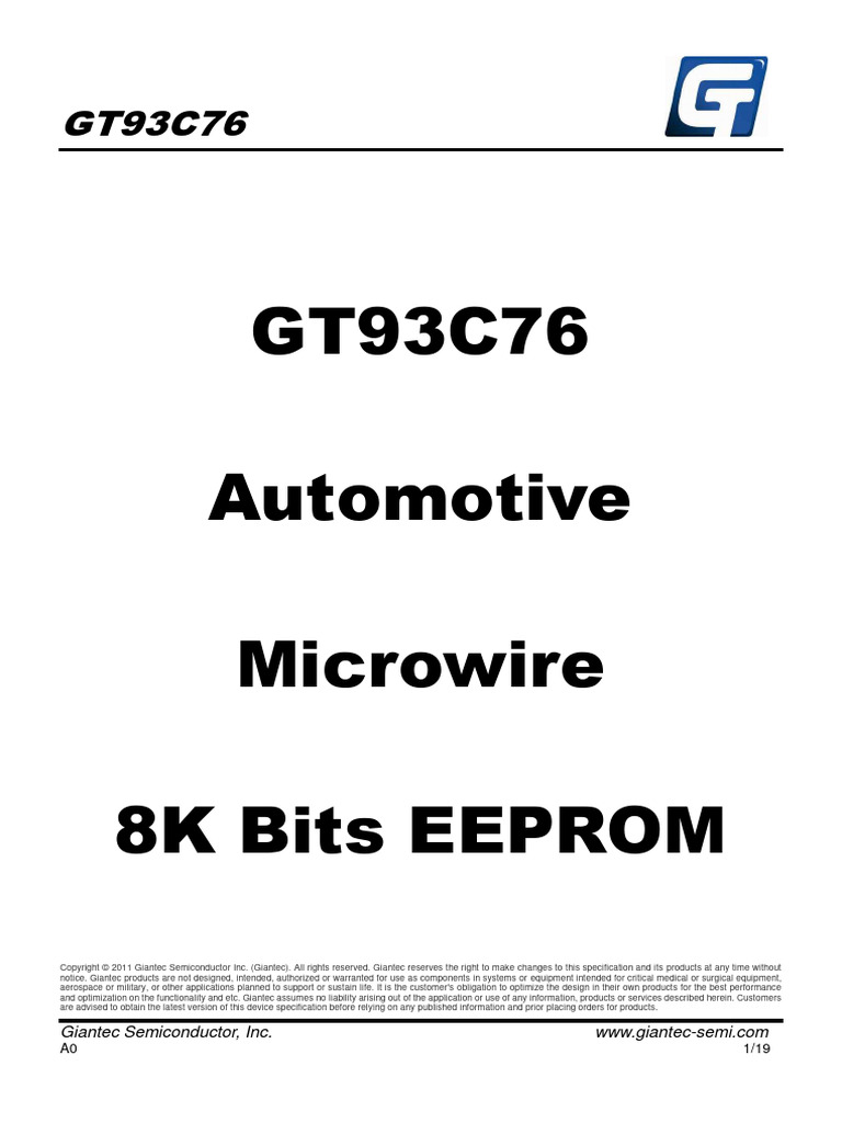 GT93C76 Automotive Microwire 8K Bits Eeprom: Giantec Semiconductor, Inc | PDF | Computer Data ...