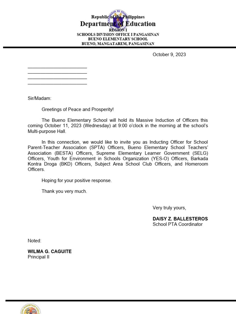Induction Invitation for School Officers | PDF