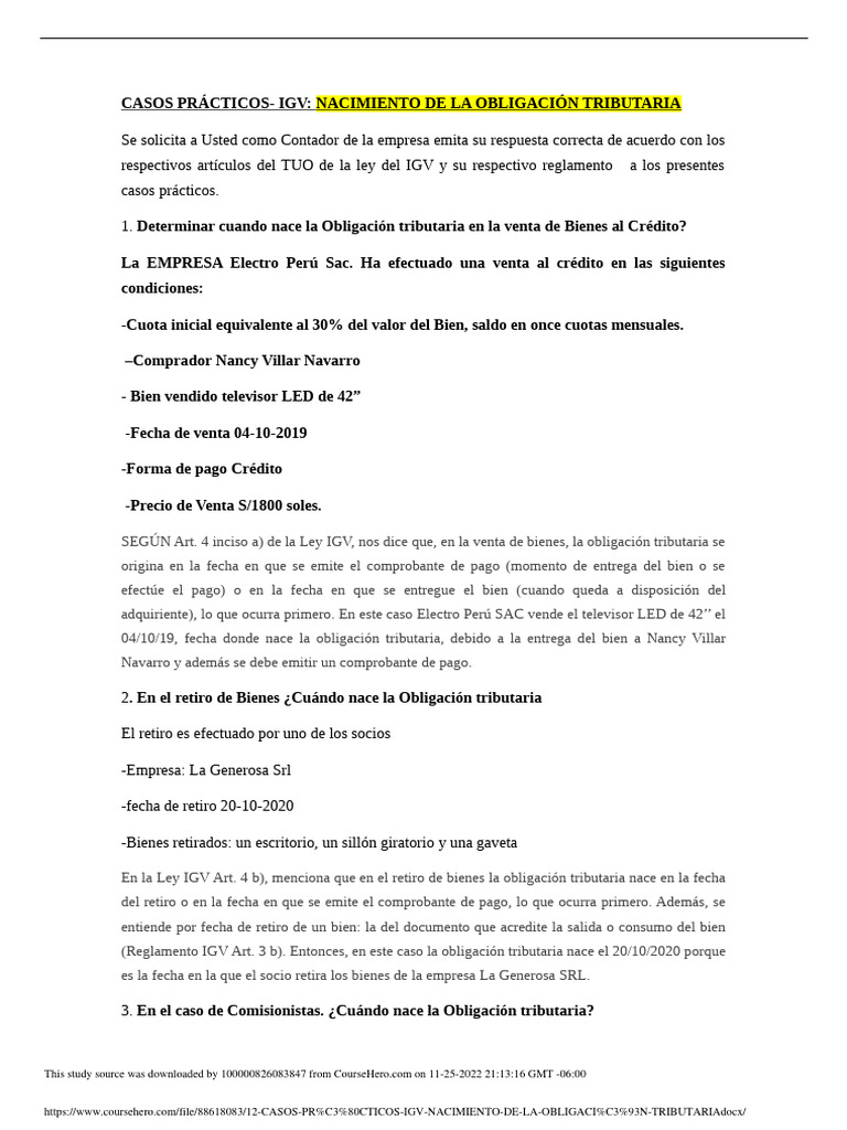 1.2 Casos PR Cticos Igv Nacimiento de La Obligaci N Tributaria | PDF | Economias | Business