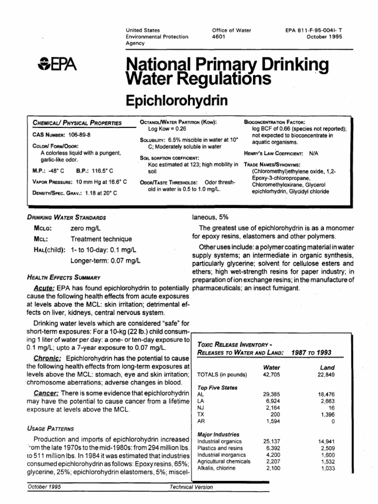 EPA - National Primary Drinking Water Regulations - Epichlorhydrin | PDF