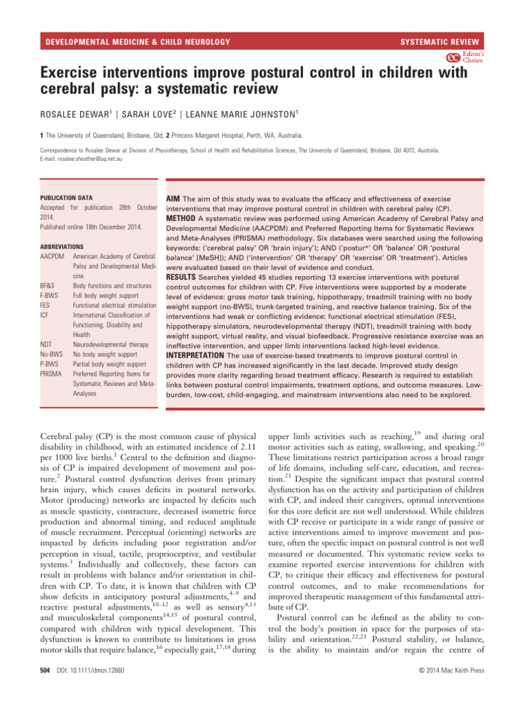 Develop Med Child Neuro - 2014 - Dewar - Exercise Interventions Improve Postural Control in ...
