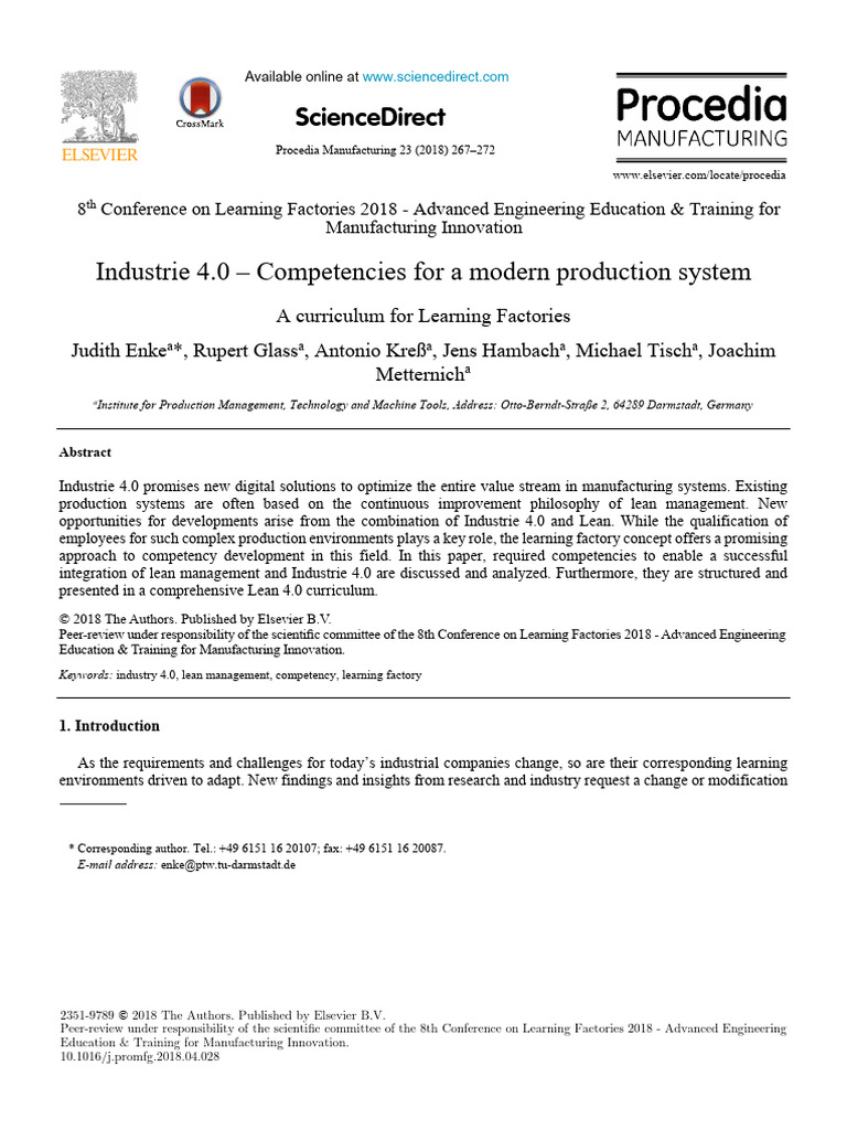 Industrie 4.0 Competencies For A Modern Production System A Curriculum For Learning Factories ...