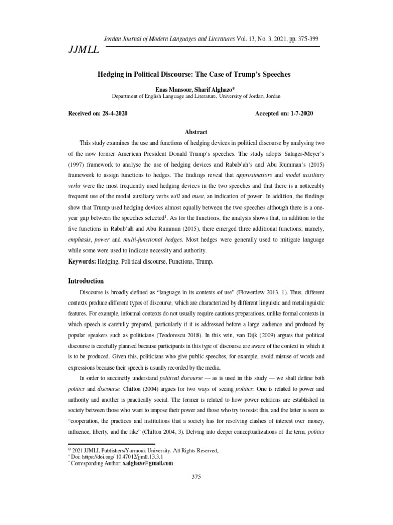 Hedging in Political Discourse The Case of Trump's Speeches | PDF ...