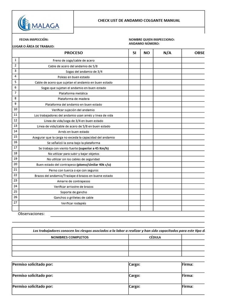 FT-MLG-011 Check List Andamio Colgante Manual | Descargar gratis PDF ...