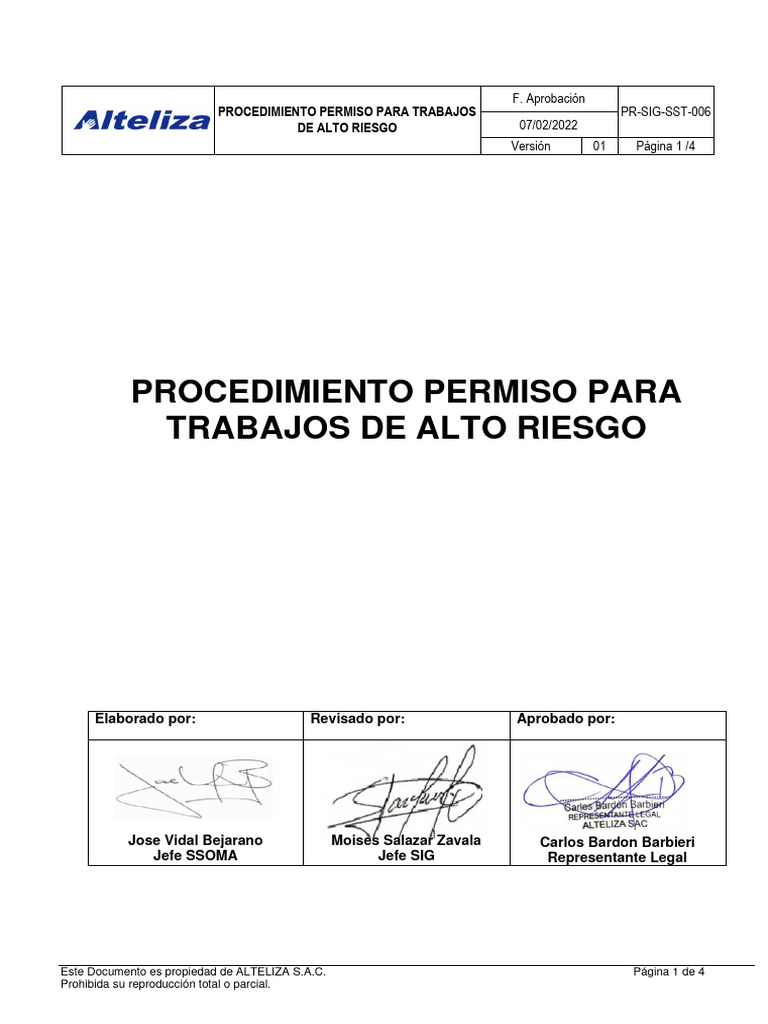 PR Sig SST 006 Procedimiento Permiso para Trabajos de Alto Riesgo | PDF