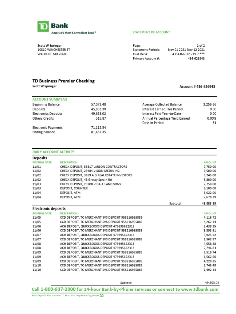 TD Bank Account Statement Summary | PDF | Debit Card | Banks