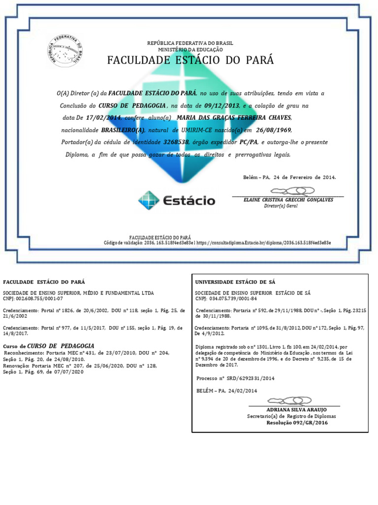 Diploma Estacio. Maria. Pedagogia - 110016 | PDF