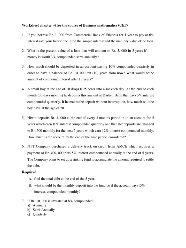 Worksheet Chapter - 4 For The Course of Business Mathematics | PDF ...