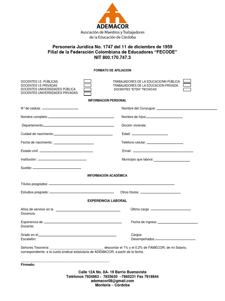 Formato-Afiliacion Ademacor | PDF