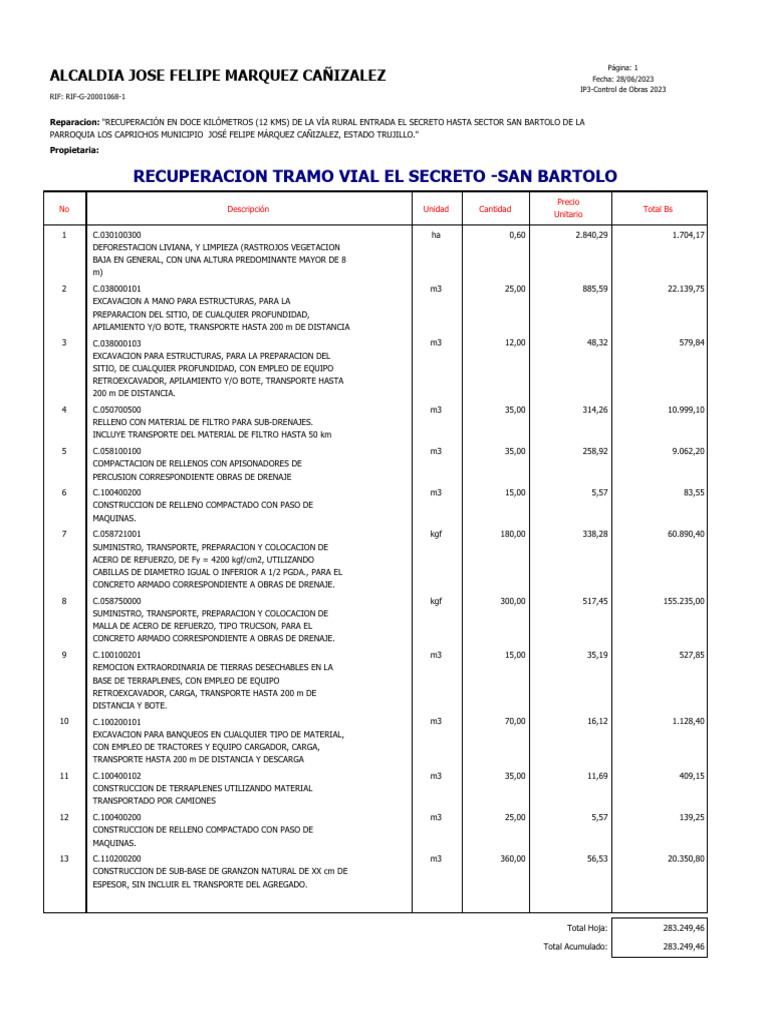 Recuperación Vial El Secreto-San Bartolo | PDF | Ingeniero civil ...