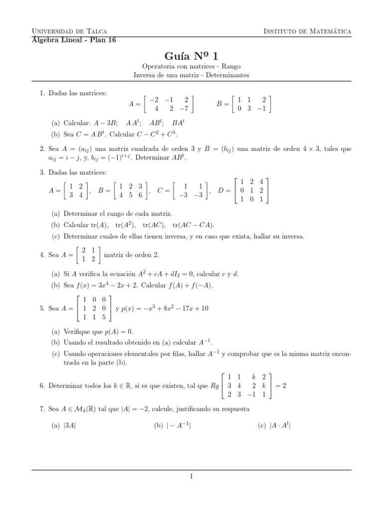 Guia 1 (Matrices) | PDF | Matriz (Matemáticas) | Álgebra abstracta