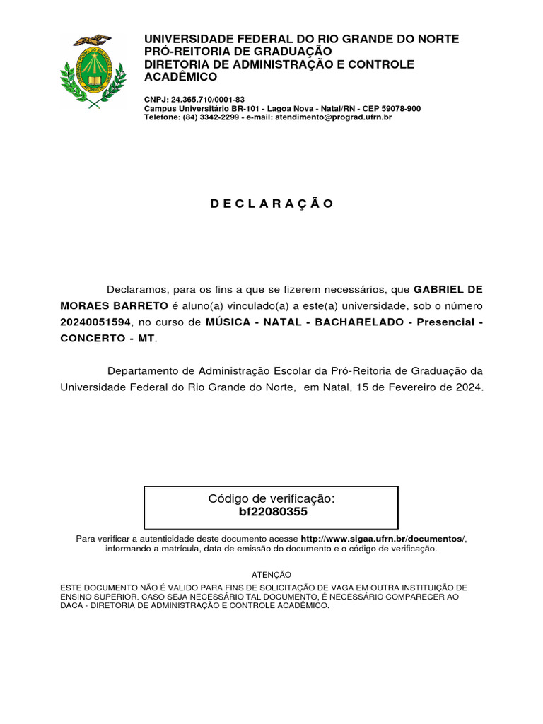 Declaração de Vínculo UFRN 2024 | PDF