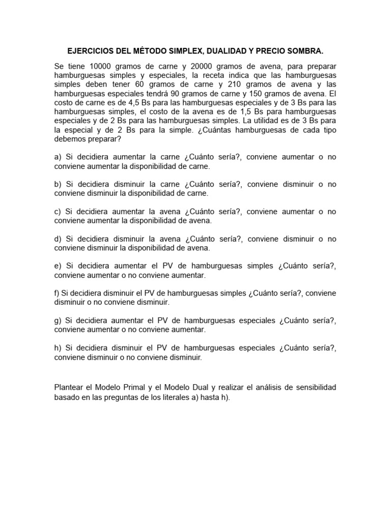 Ejercicios Método Simplex Dualidad y precio Sombra | PDF