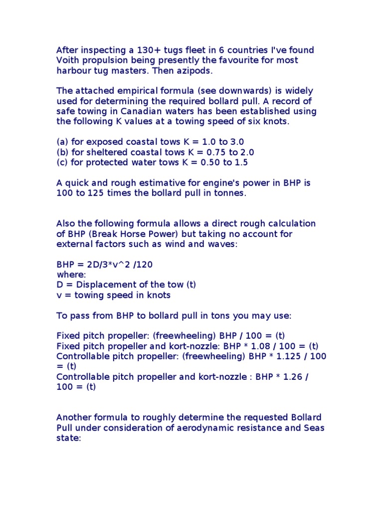 Bollard Pull Calculation for Tugboats | PDF