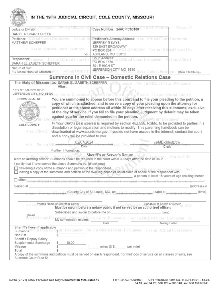2024 02 07 - Summons Issued - Matthew Scheffer V Sarah e Scheffer - Mo ...