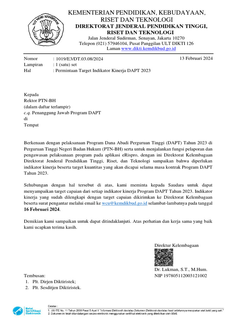 Surat Permintaan Target Indikator Kinerja Program DAPT Tahun 2023 | PDF ...
