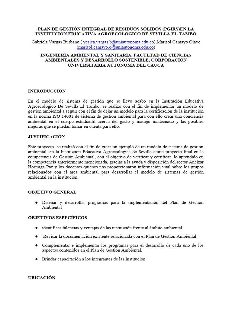 Plan de Gestion Integral de Residuos Solidos (Pgirs) en La Institución Educativa Agroecologico ...