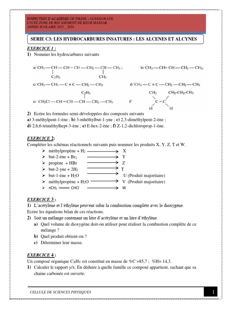 Exercices sur alcènes et alcynes | PDF | Alcène | Hydrogénation