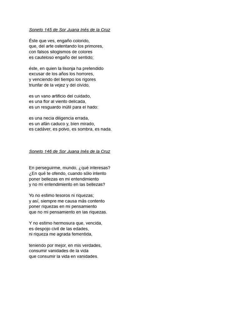 Sonetos 145, 146 y Redondillas. Sor Juana Inés de La Cruz. | PDF