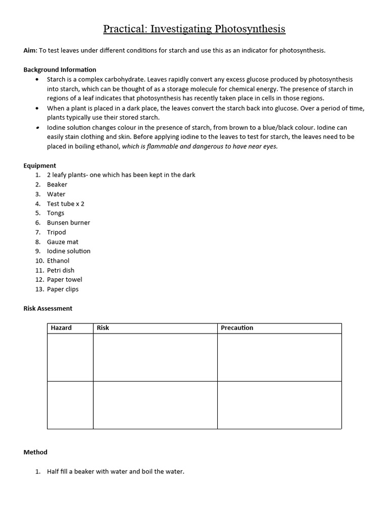 Photosynthesis Starch Practical | PDF | Starch | Photosynthesis