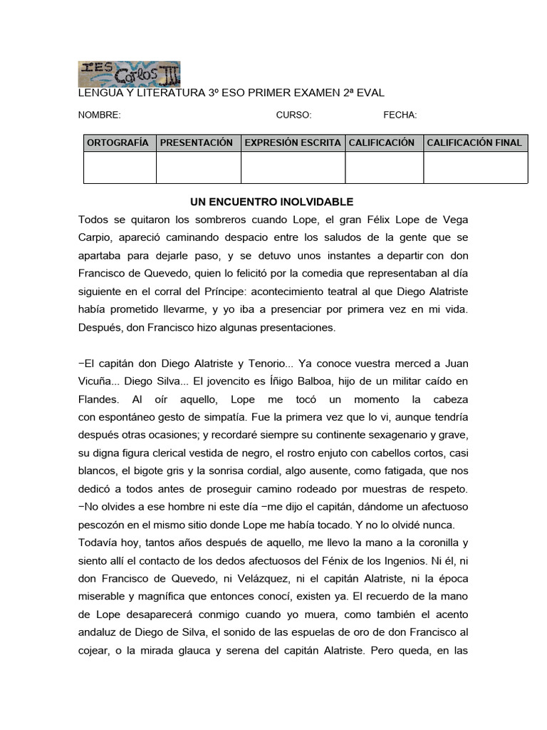 3º Eso Primer Examen 2 Eval | PDF | Literatura en español | Literatura española