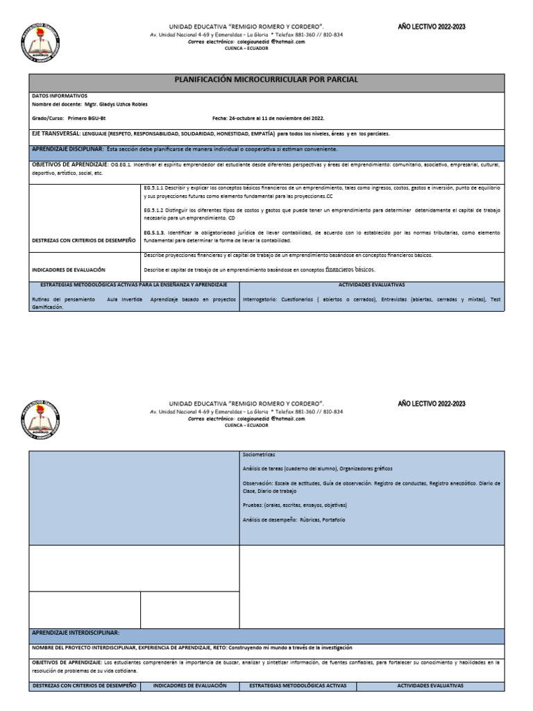 Plan - Emp - Gest - 1ero Gu | PDF | Iniciativa empresarial | Evaluación