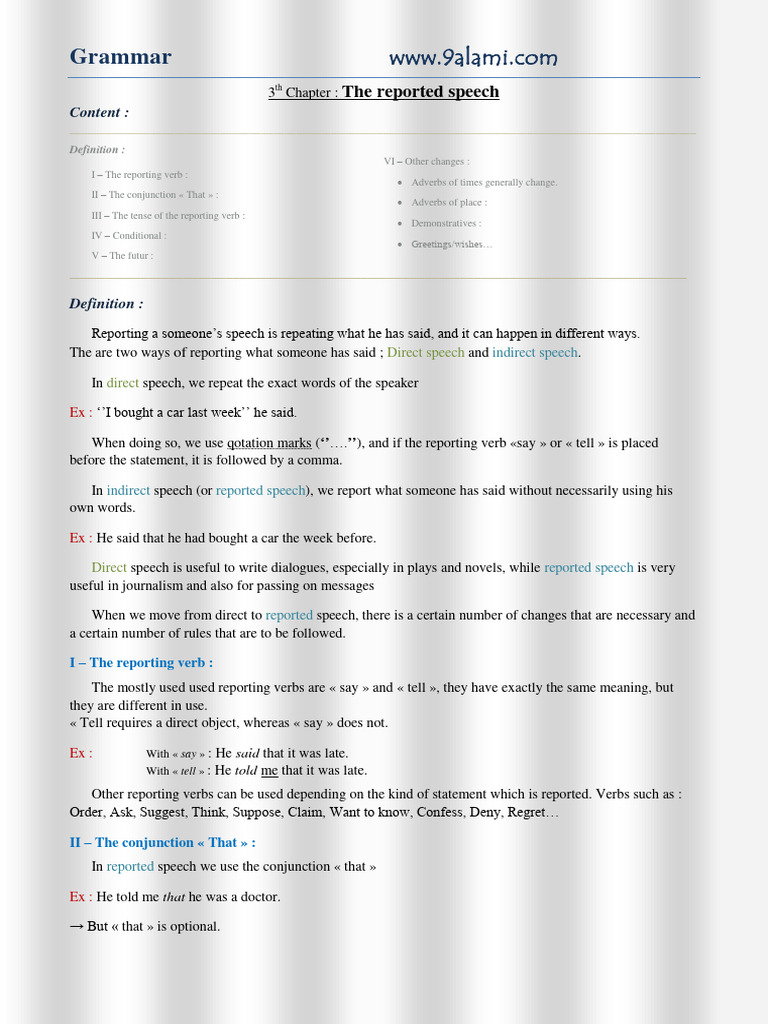 Grammar II Chapter 3 The Reported Speech | PDF | Linguistic Morphology | Linguistics