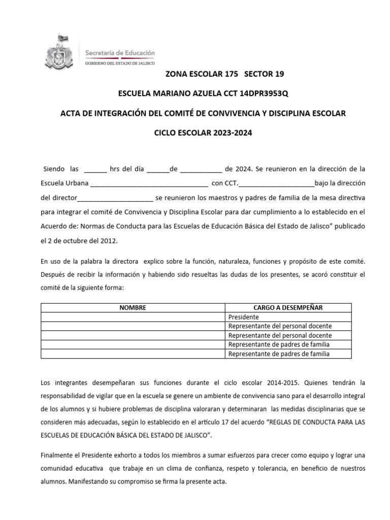 Acta de integración del Comité de Convivencia y Disciplina Escolar ...