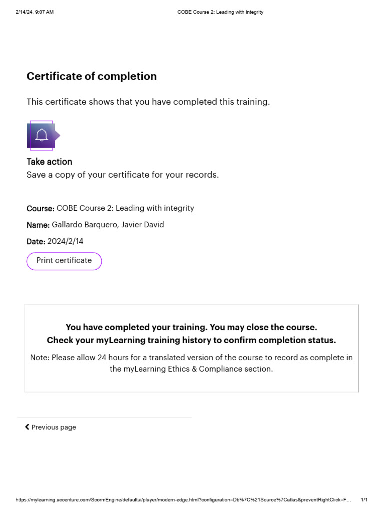 COBE Course 2 Completion Certificate | PDF | Business