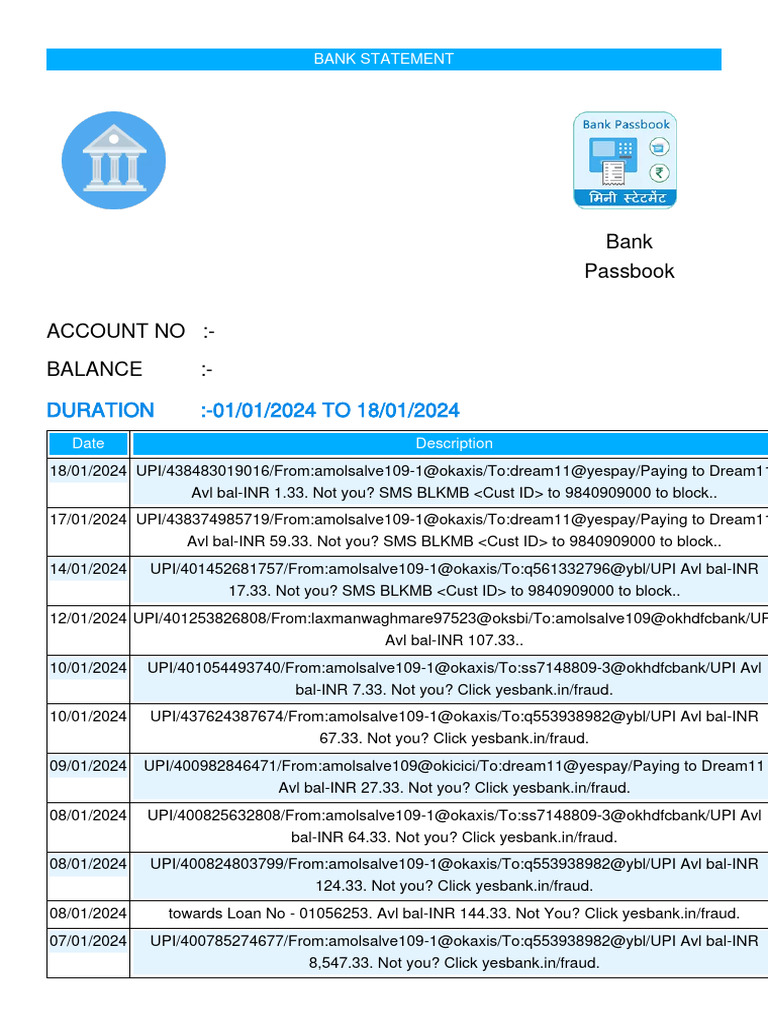 Bank Passbook: DURATION:-01/01/2024 TO 18/01/2024 | Download Free PDF ...