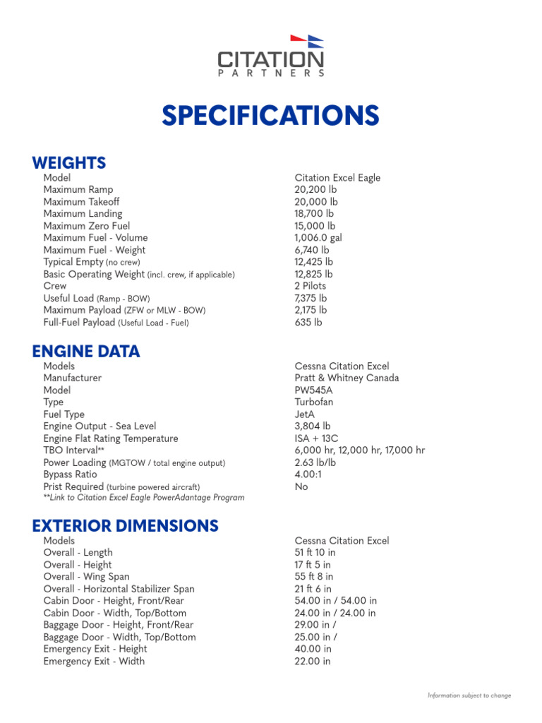 Citation Excel Eagle Specifications 1+ | PDF | Flight Control Surfaces ...