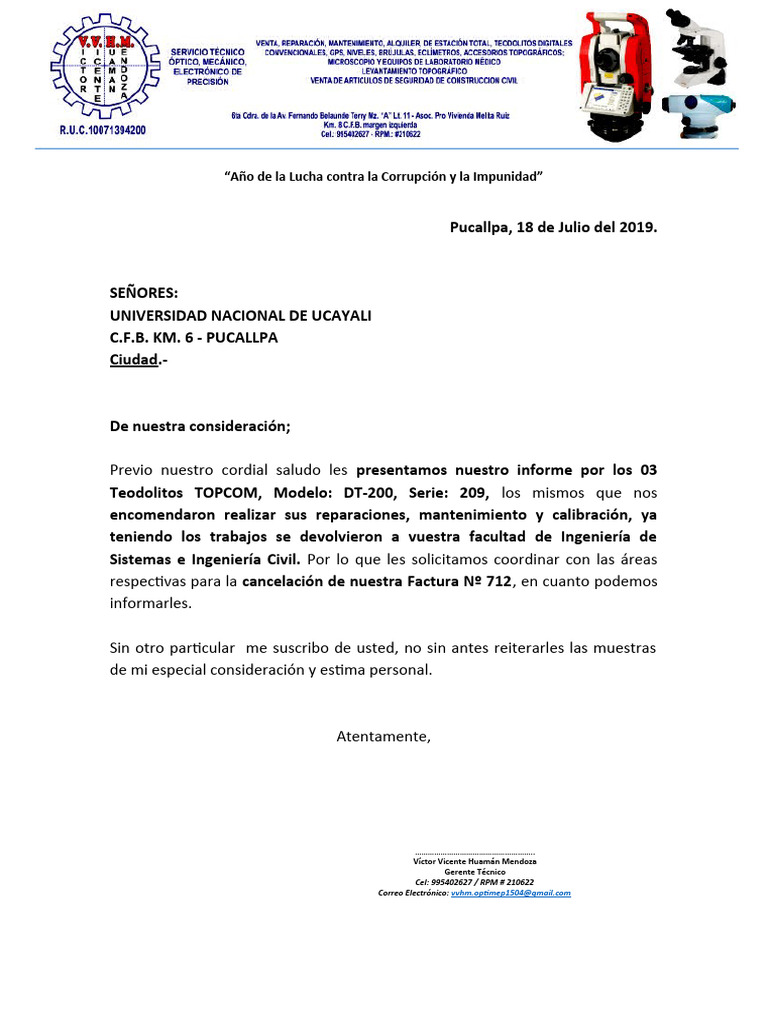 Carta de Informe de Factura Unu Vicente | PDF